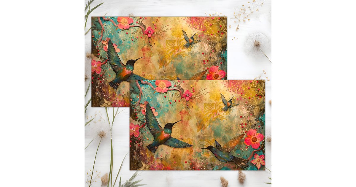 COLORFUL HUMMINGBIRDS MIXED MEDIA DECOUPAGE TISSUE PAPER | Zazzle