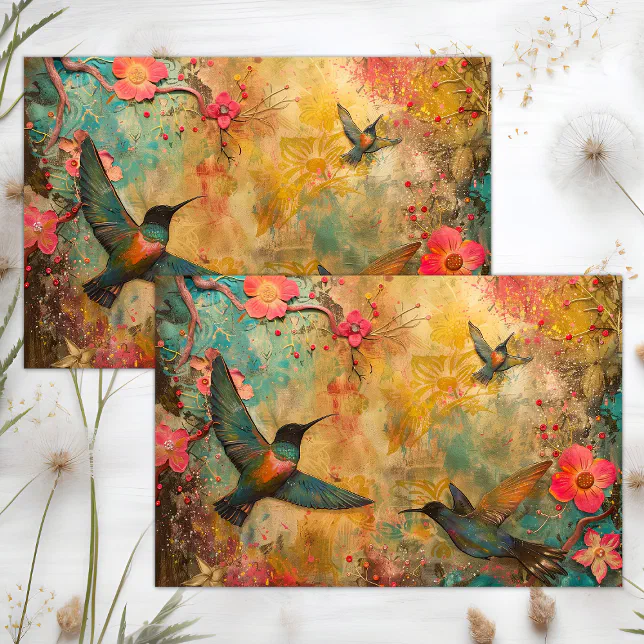COLORFUL HUMMINGBIRDS MIXED MEDIA DECOUPAGE TISSUE PAPER | Zazzle