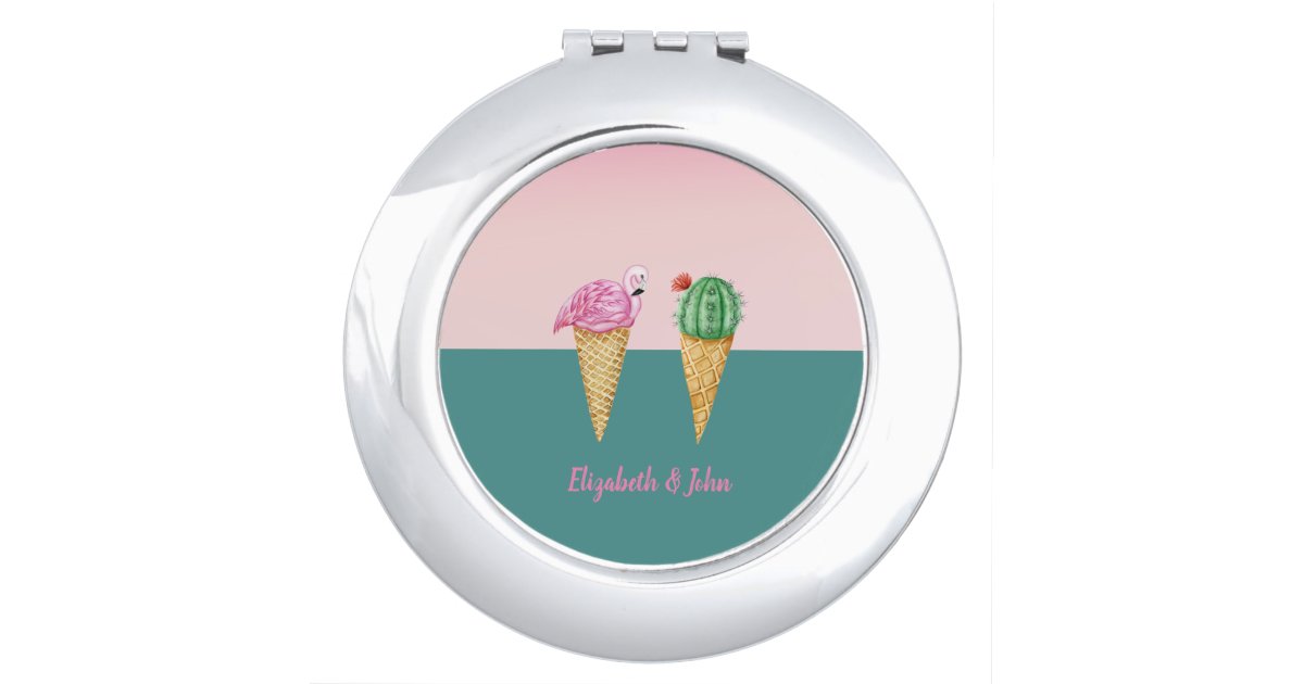 Colorful Ice Cream Cones Cactus Pink Flamingos Compact Mirror | Zazzle