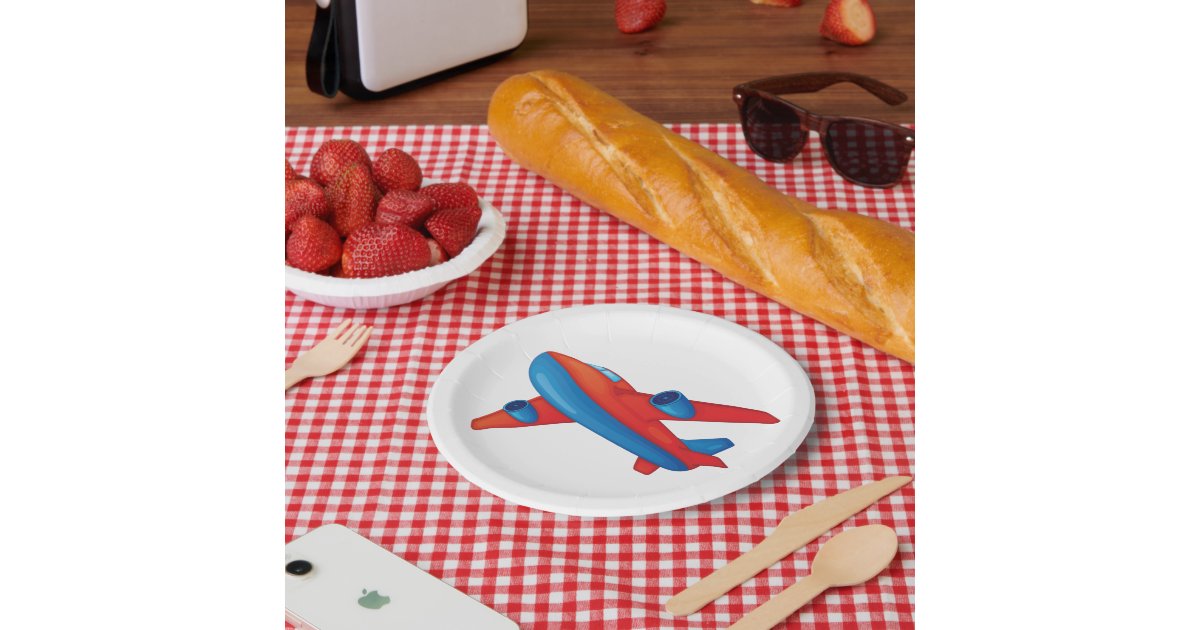 Colorful Jet Airplane Red and Blue Plane Paper Plates | Zazzle