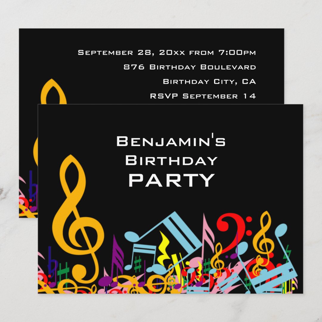 Colorful Jumbled Music Notes Birthday Party Invitation | Zazzle