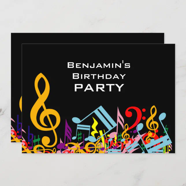 Colorful Jumbled Music Notes Birthday Party Invitation | Zazzle