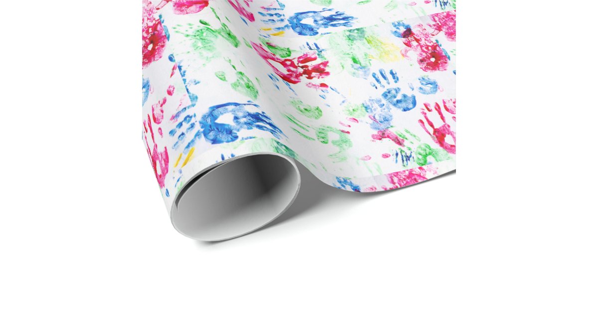 colorful juvenile hand prints wrapping paper | Zazzle
