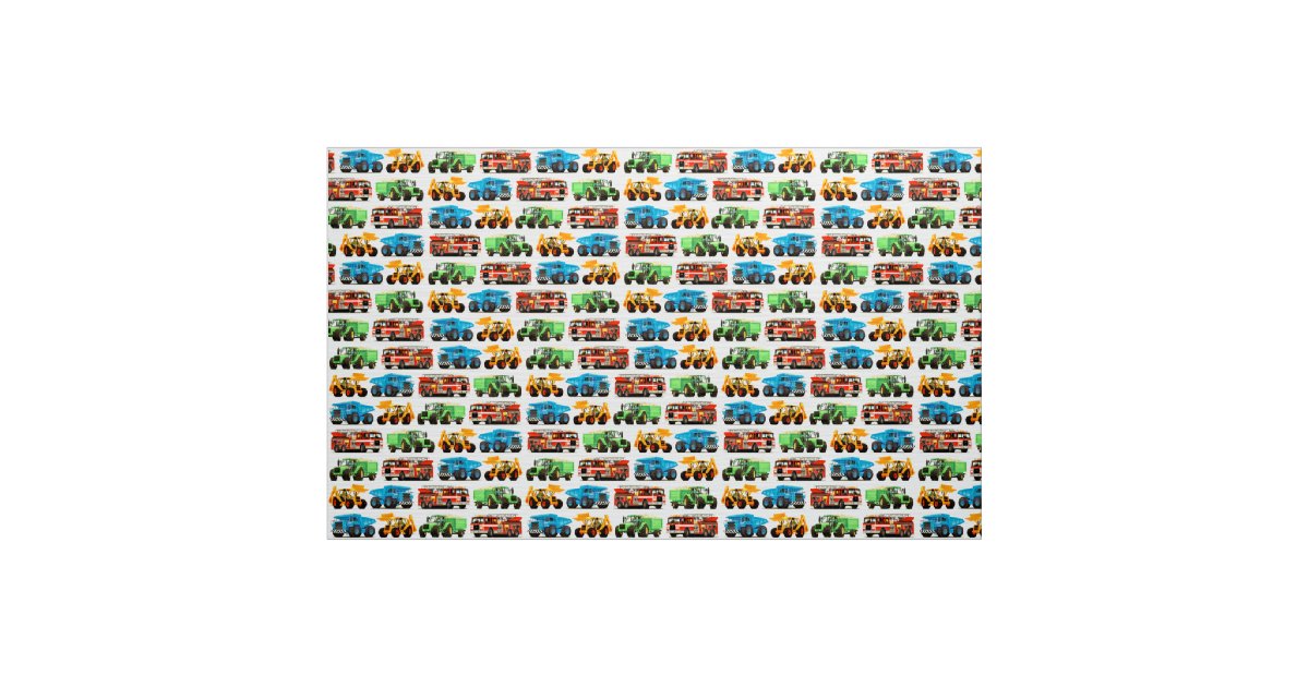 Colorful Kids Construction Truck Pattern Fabric | Zazzle