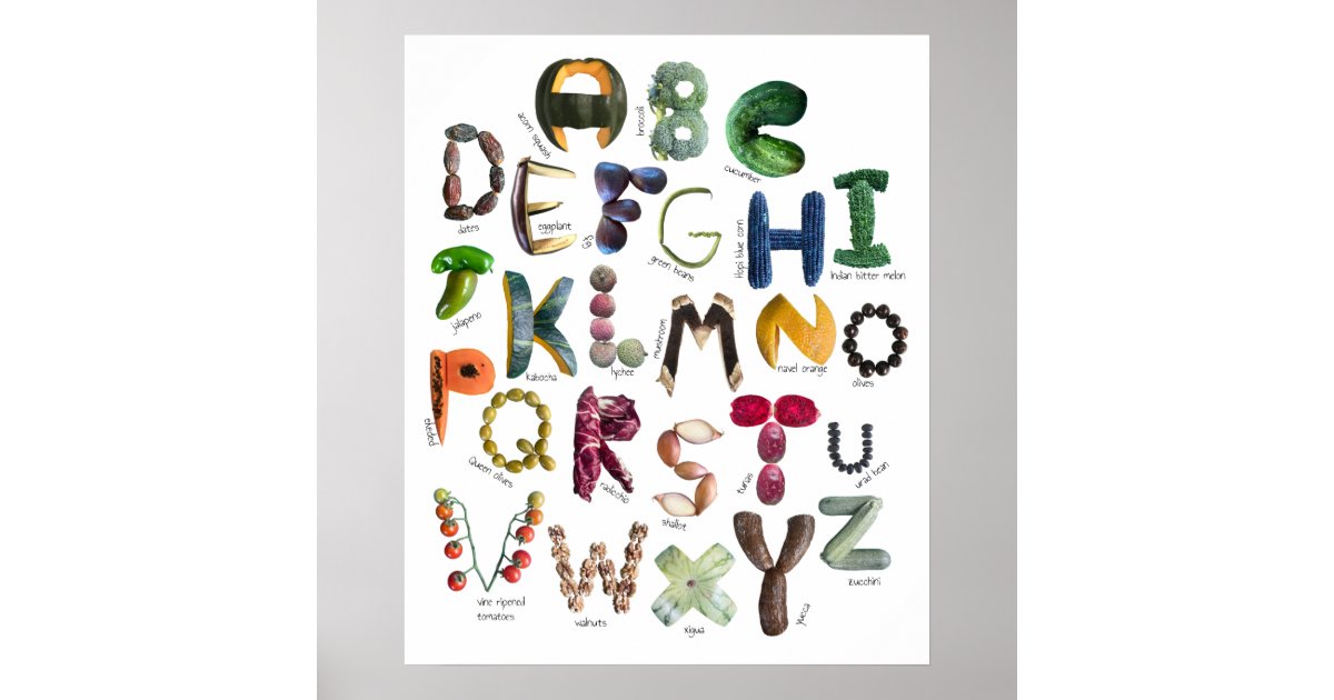 Colorful Kids Food Alphabet Fruits and Veggies Poster | Zazzle
