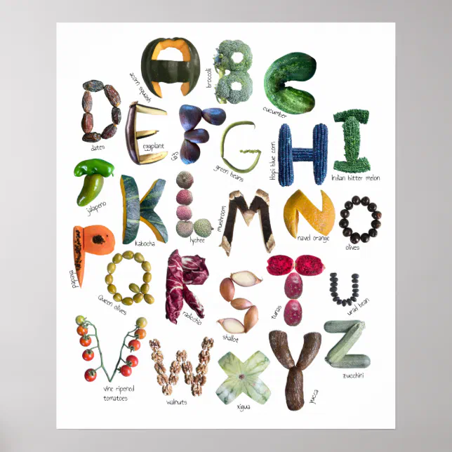 Colorful Kids Food Alphabet Fruits and Veggies Poster | Zazzle