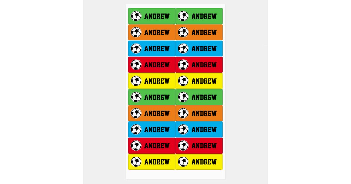 Colorful kid's labels with soccer ball logo & name | Zazzle