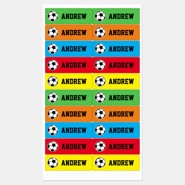 Colorful kid's labels with soccer ball logo & name | Zazzle