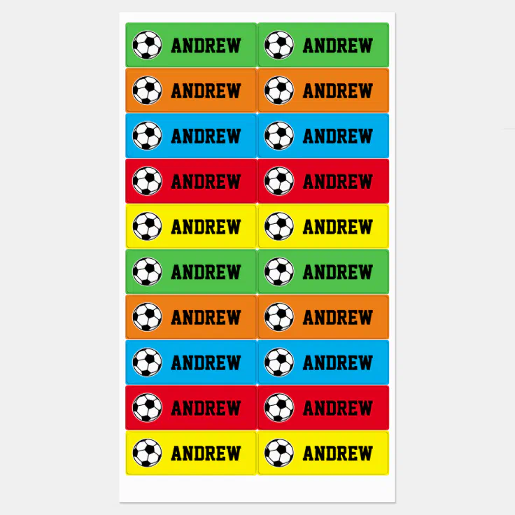 Colorful kid's labels with soccer ball logo & name | Zazzle