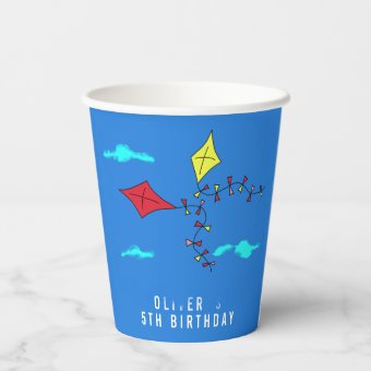 Colorful Kites in Blue Sky Kids Birthday Paper Cups | Zazzle