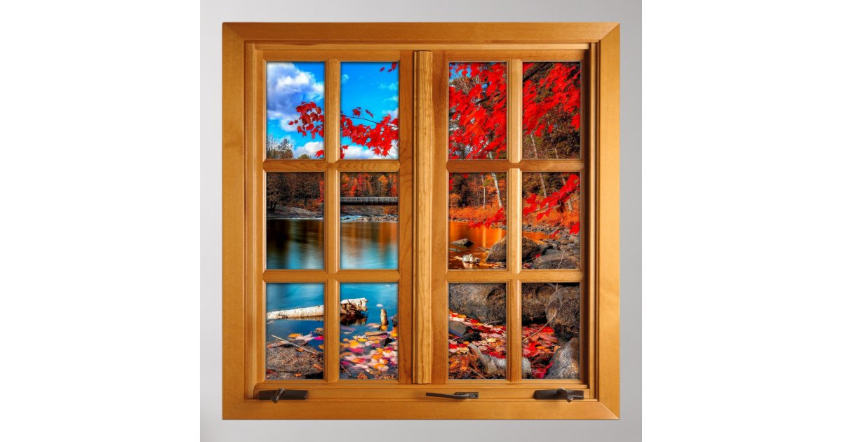 Colorful Lake Scene Square Faux Window Illusion Poster | Zazzle