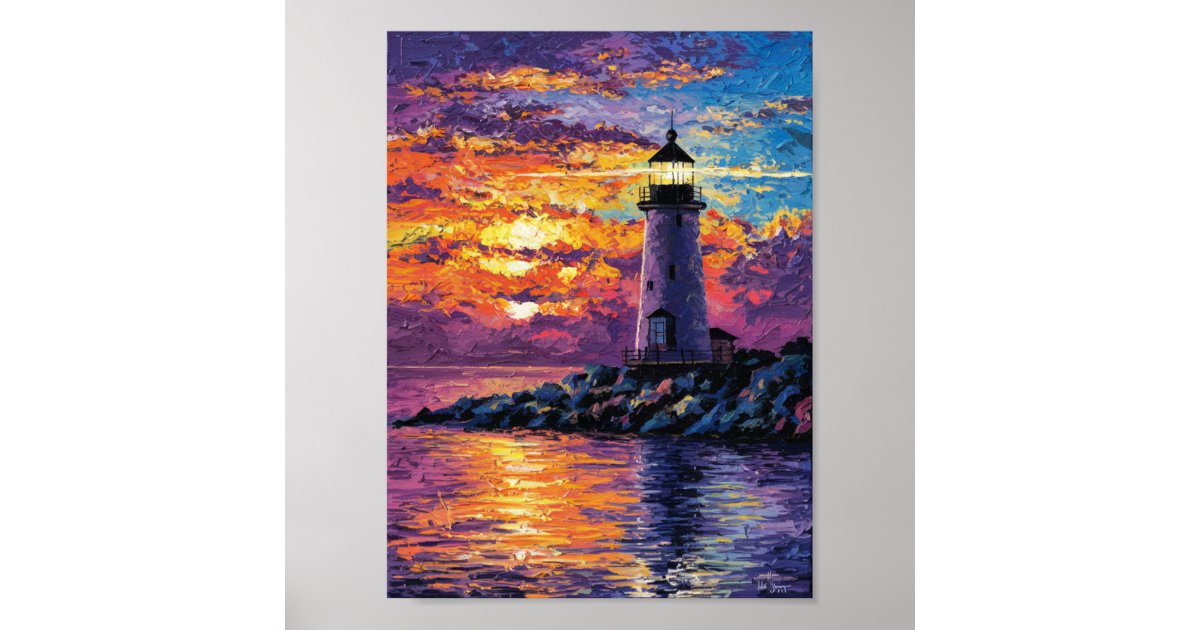 "Colorful Lighthouse Sunset Painting - Ocean-Theme Poster | Zazzle