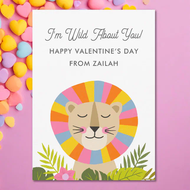 Colorful Lion Wild About You Kids Valentine’s Day Holiday Card | Zazzle
