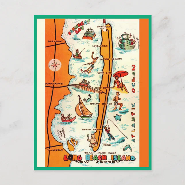 Colorful Long Beach Island Map Postcard | Zazzle
