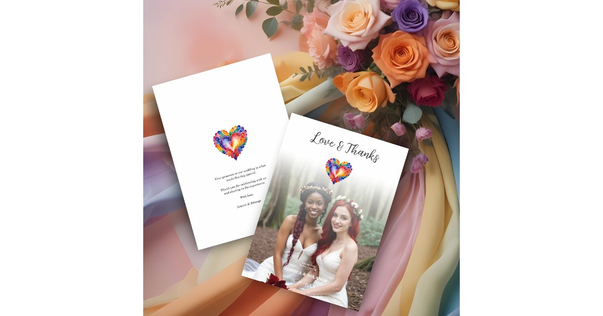 Colorful Love & Thanks LGBTQ Rainbow Pride Heart Thank You Card | Zazzle