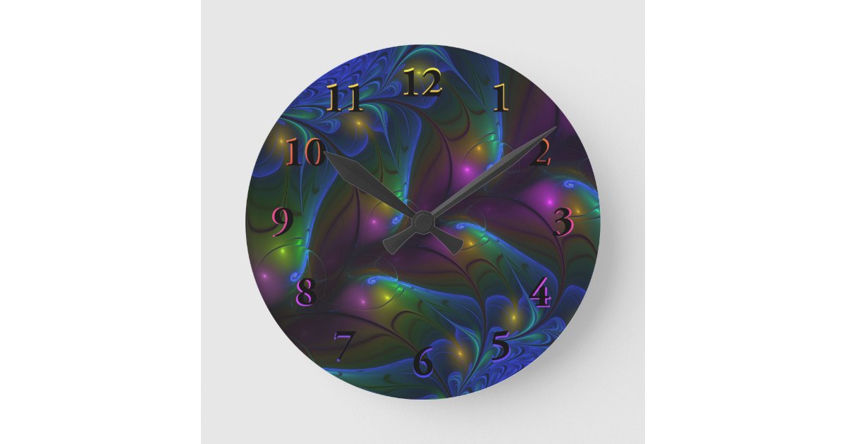 Colorful Luminous Abstract Modern Trippy Fractal Round Clock | Zazzle