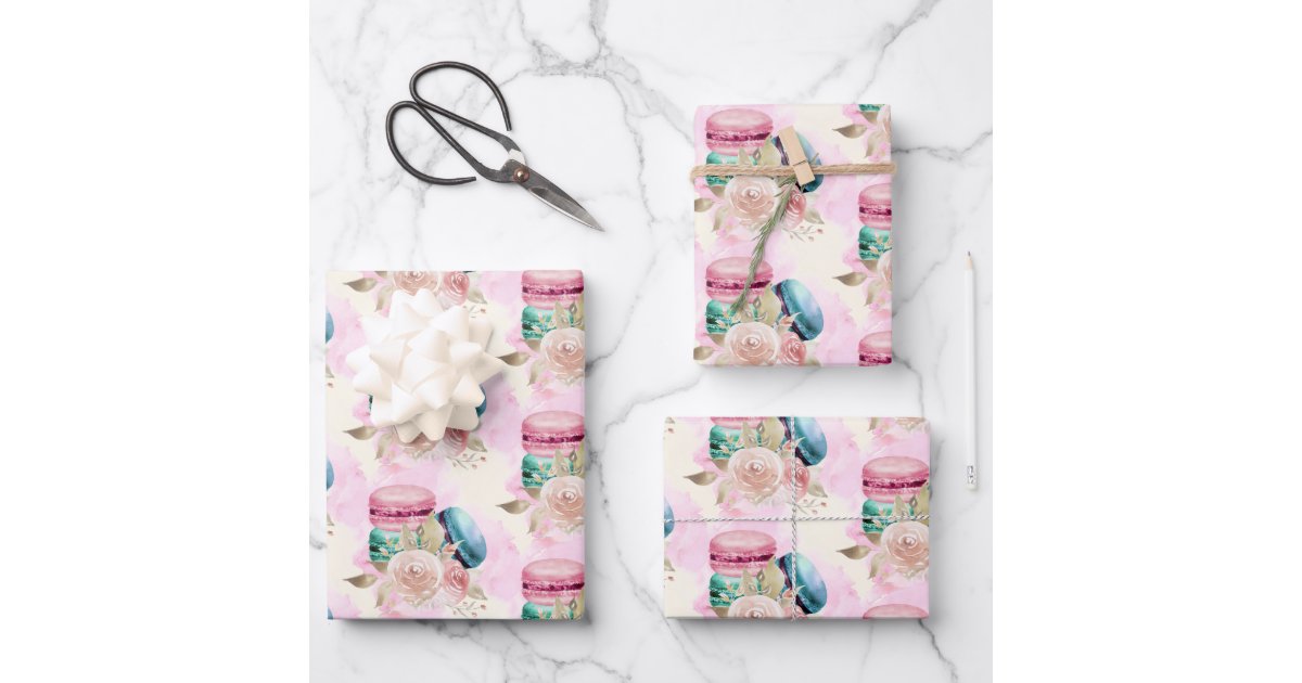 Colorful Macarons and Flowers Watercolor Pattern Wrapping Paper Sheets ...