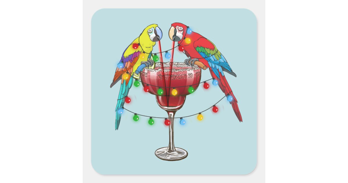 Colorful Macaw Parrots Drinking Red Wine Square Sticker | Zazzle
