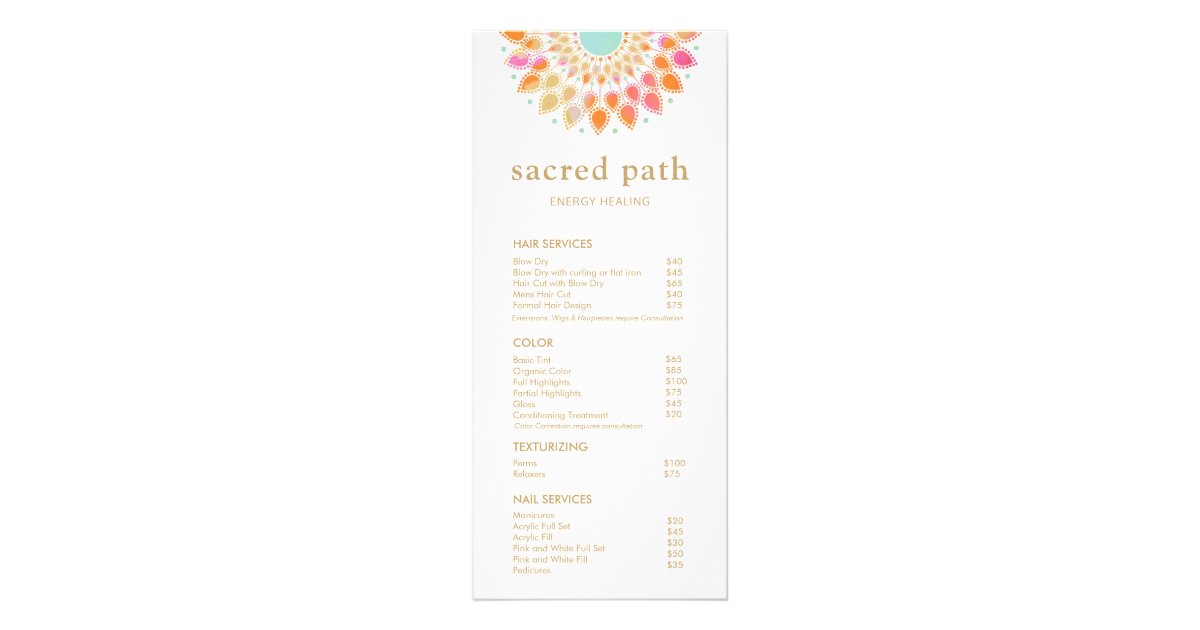 Colorful Mandala Salon Service Menu | Zazzle