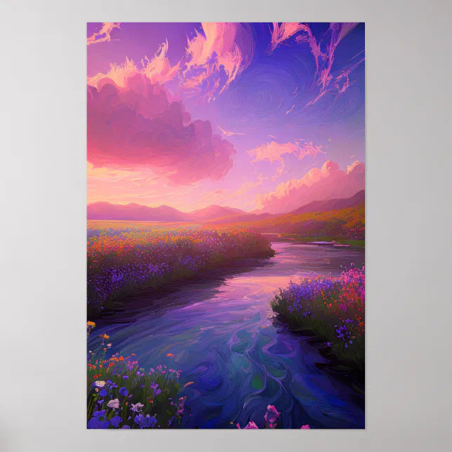 Colorful Meadow by the Flowing Stream Poster | Zazzle