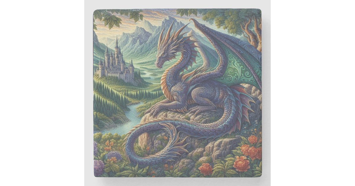Colorful, Medieval Dragon castle Stone Coaster | Zazzle
