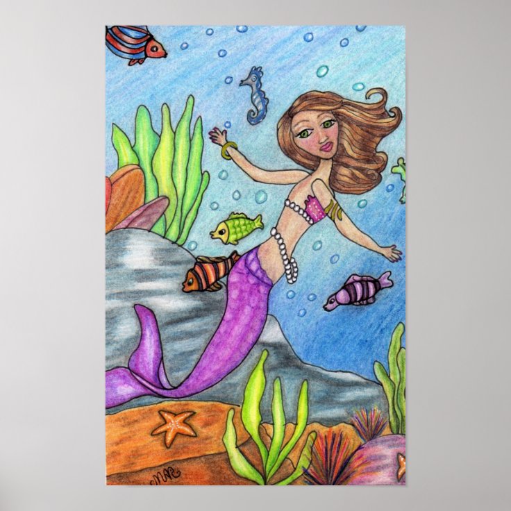 Colorful Mermaid and Fish Poster | Zazzle