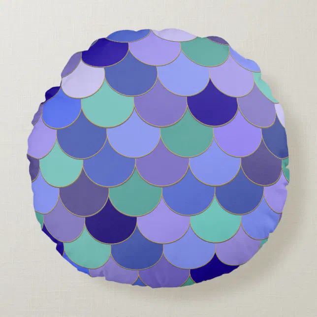 Colorful Mermaid Scales Aqua Teal Purple Blues Round Pillow | Zazzle