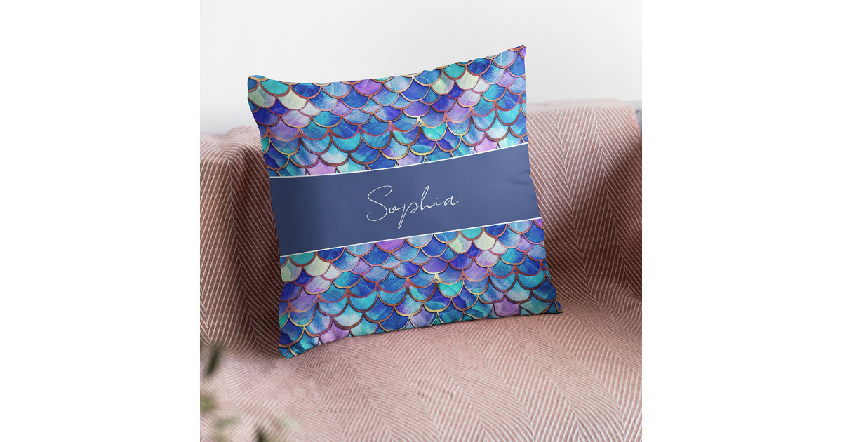 Colorful Mermaid Scales Pattern Little Girls Name Throw Pillow | Zazzle