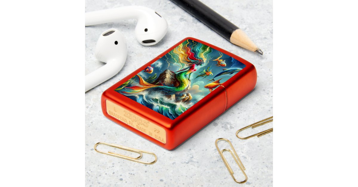 Colorful Mermaid Seated on Rocky Shore Zippo Lighter | Zazzle