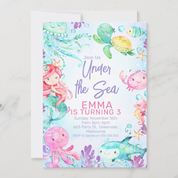 Colorful Mermaid Under the Sea Birthday Invitation | Zazzle
