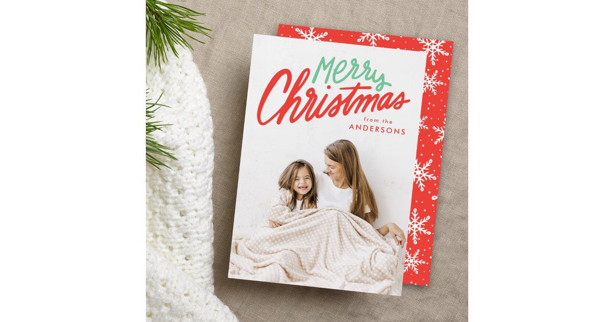 Colorful Merry Christmas Red and Green Photo Holiday Card | Zazzle