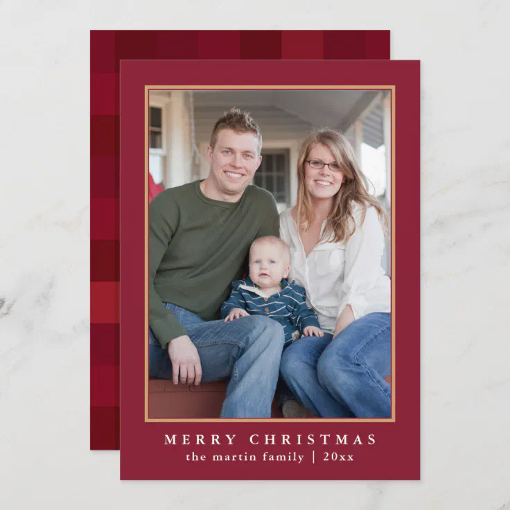 Colorful Merry Christmas Red Plaid Print Holiday Card | Zazzle