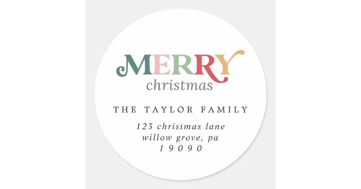 Colorful Merry Christmas Return Address Envelope Classic Round Sticker ...