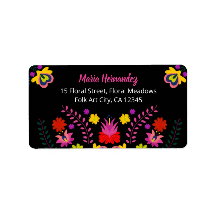 Colorful Mexican Fiesta Flowers Black Address Label | Zazzle