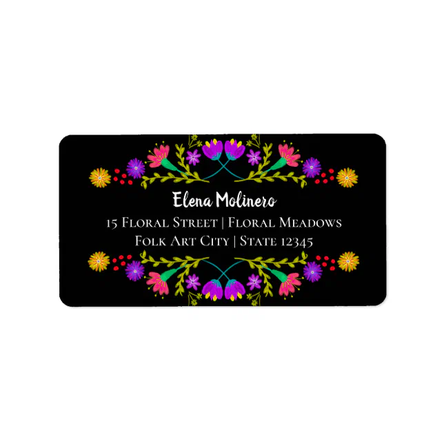 Colorful Mexican Fiesta Folk Art Black Address Label | Zazzle