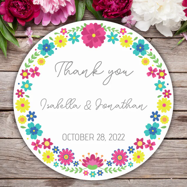 COLORFUL MEXICAN FLOWERS CLASSIC ROUND STICKER | Zazzle