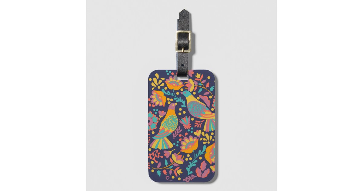 Colorful Mexican Folk Art Birds and Flowers Blue Luggage Tag | Zazzle