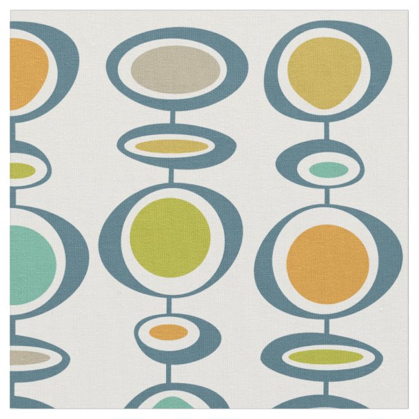 Mid-Century Modern circles, grey, blue and white Fabric | Zazzle
