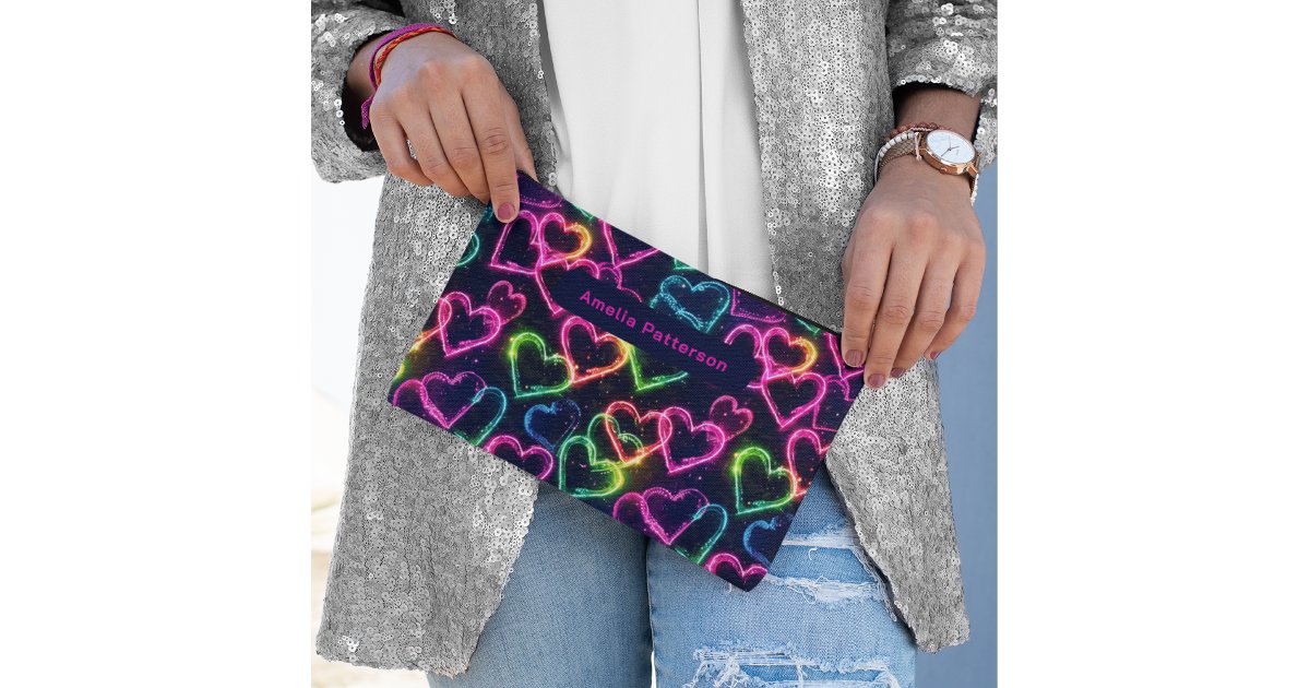 Colorful Modern Girly Neon Love Heart Personalized Accessory Pouch | Zazzle