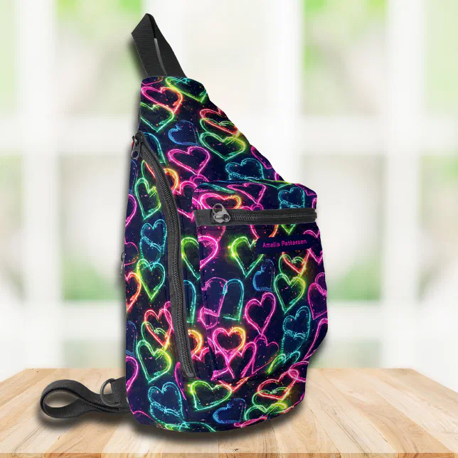 Colorful Modern Girly Neon Love Heart Personalized Sling Bag | Zazzle