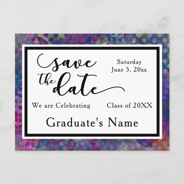 Colorful Modern Graphic Graduation Save the Date Postcard | Zazzle