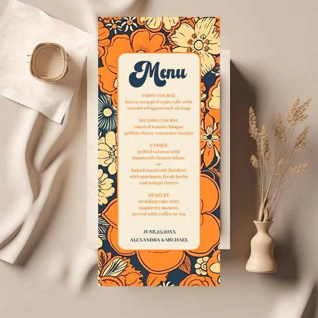 Colorful Modern Groovy Retro 70s Floral Wedding Menu | Zazzle