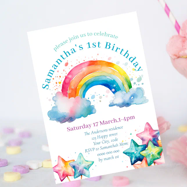 Colorful Modern Rainbow Girly Birthday Invitation | Zazzle