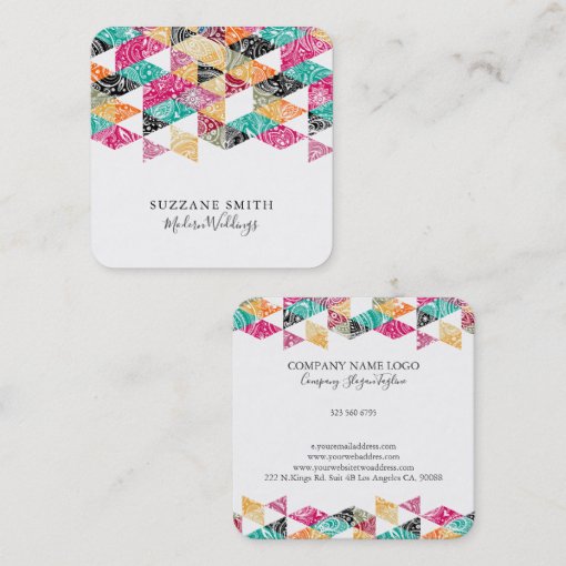 Colorful Modern Triangles White Paisley Overly Square Business Card ...