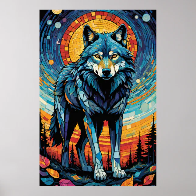 Colorful Mosaic Illustration of Majestic Wolf Poster | Zazzle