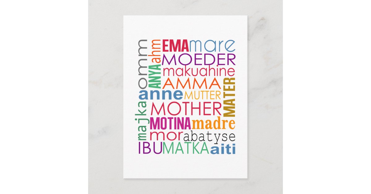 Colorful mother in many languages postcard | Zazzle