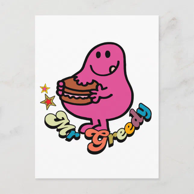 Colorful Mr. Greedy Eating Postcard | Zazzle