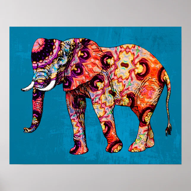 Colorful Multicolored Elephant on Blue Background Poster | Zazzle