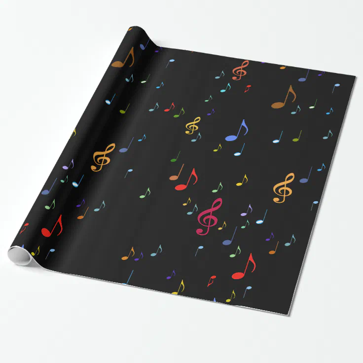 colorful music notes on black wrapping paper | Zazzle