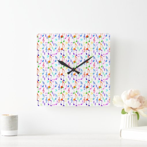 Colorful Music Symbols On White Square Wall Clock | Zazzle